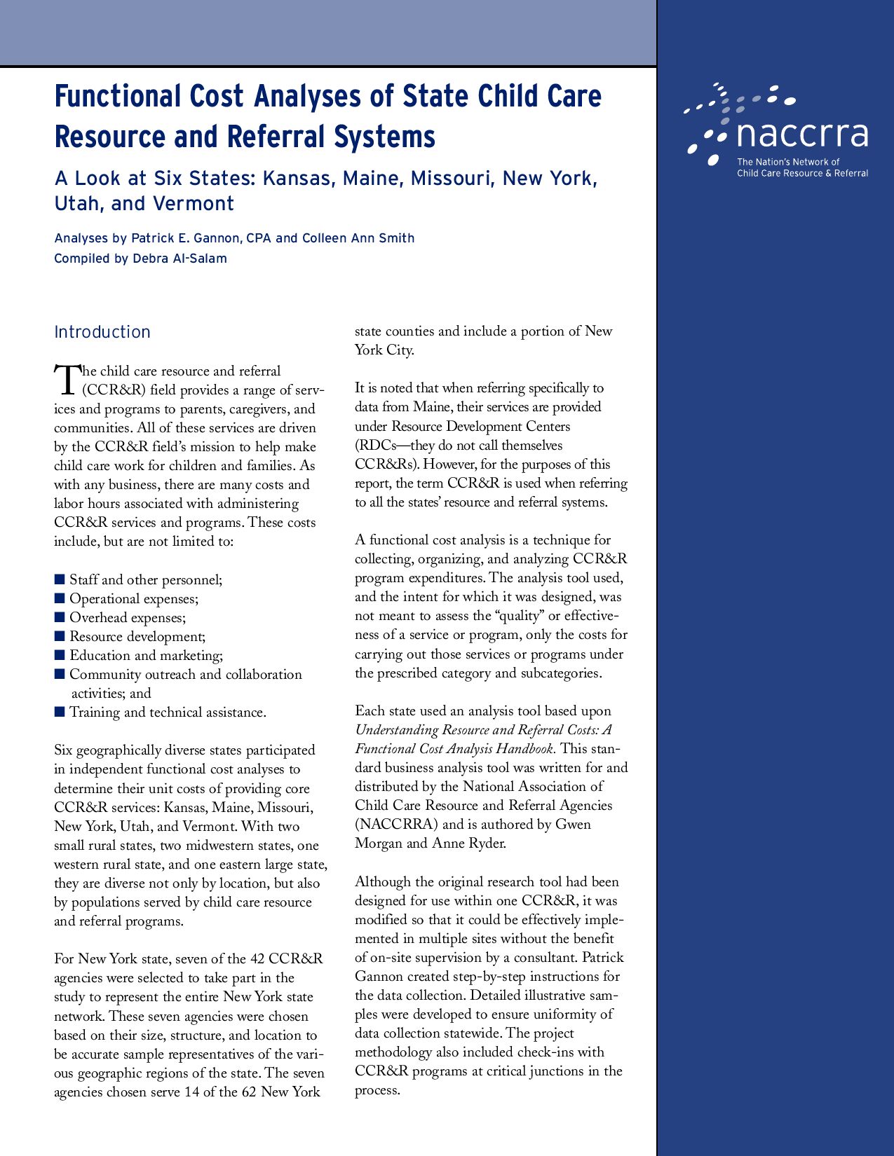 Functional Cost Analyses of State Child Care Resource and Referral ...