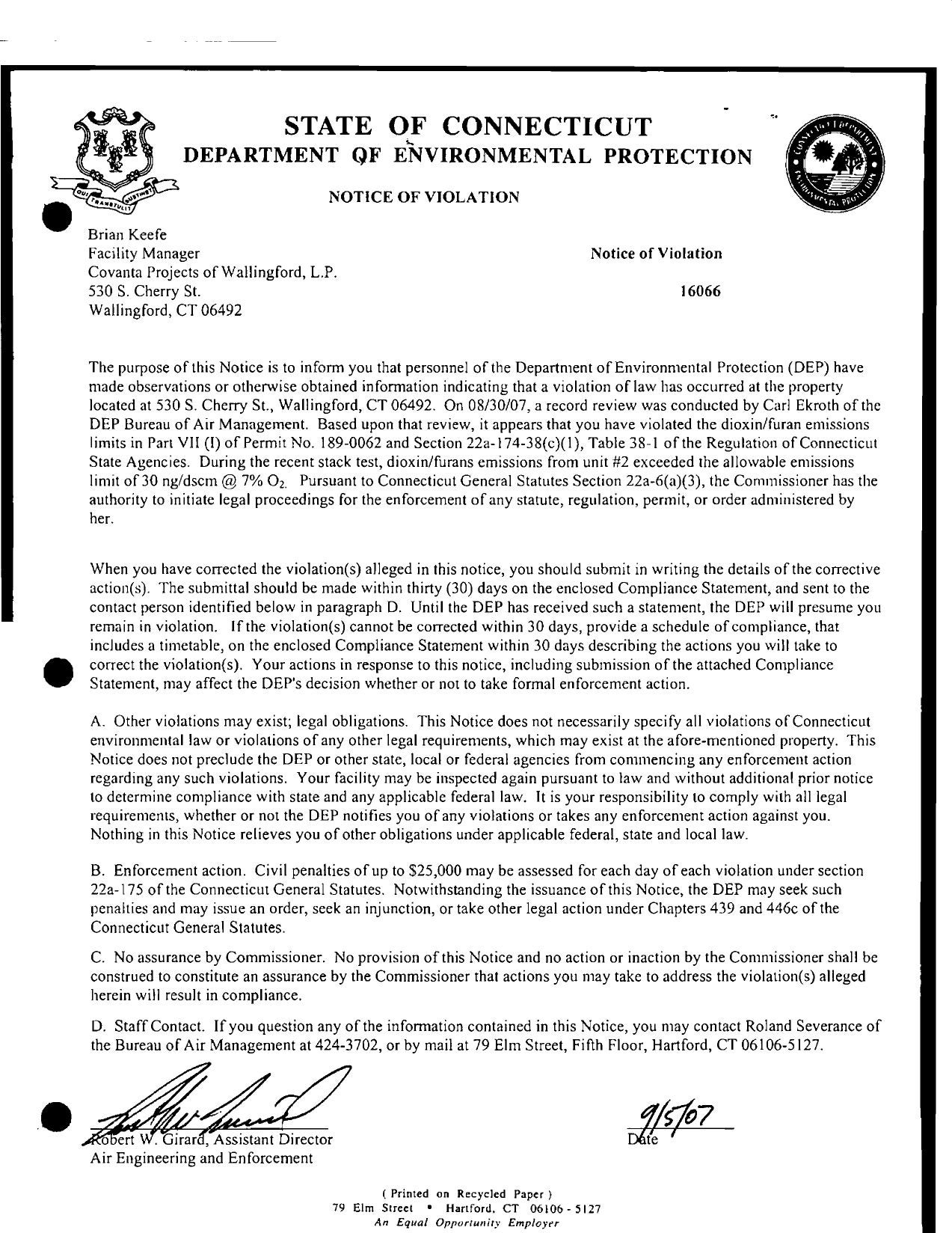 DEP Letter of Violation to Covanta by Record Journal - Issuu