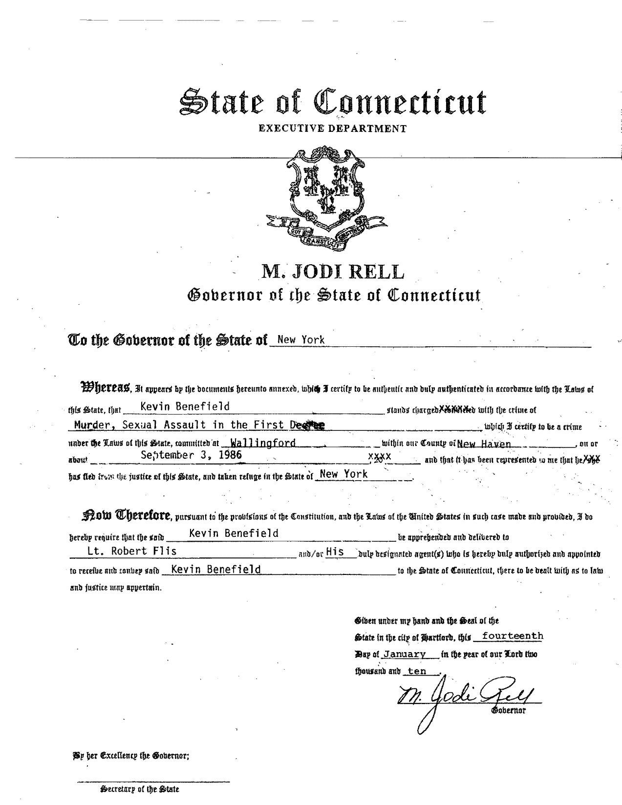 Gov. M. Jodi Rell's extradition letter regarding Kevin Benefield by ...