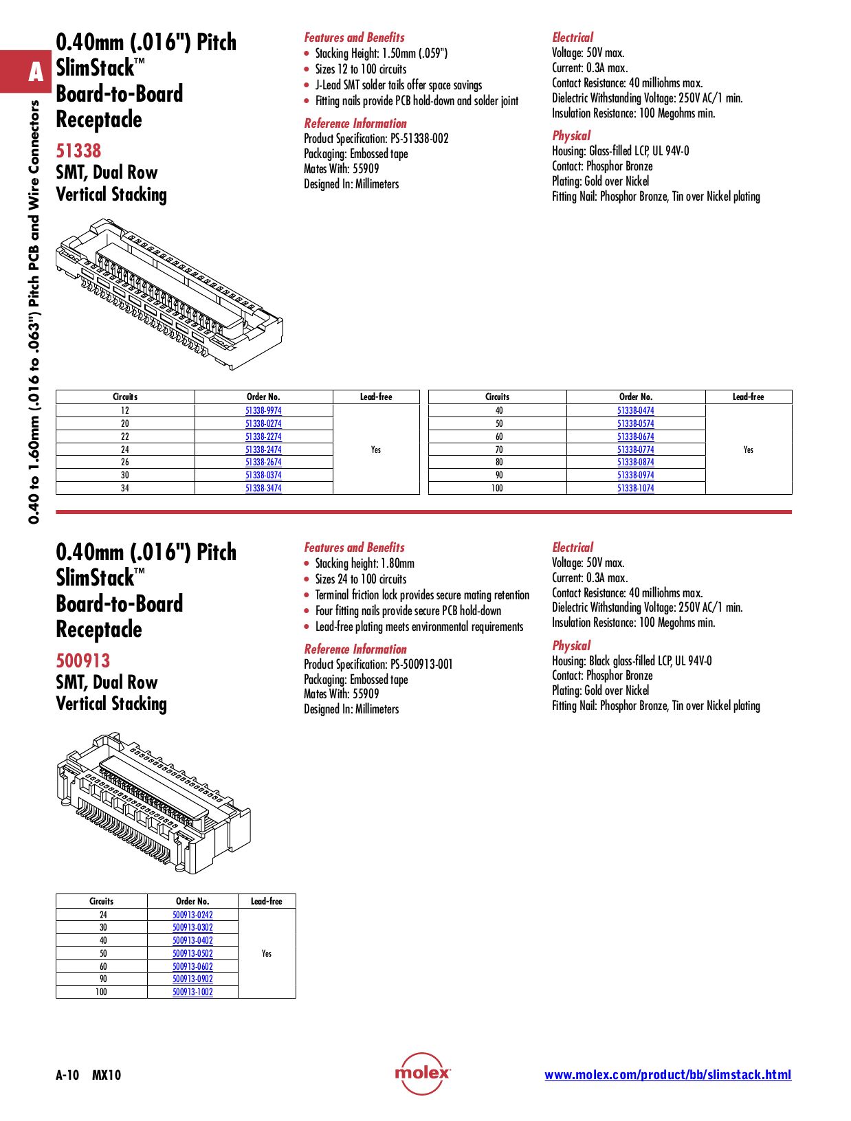 Molex MX10 Catalog Section A PCB and Wire Connectors .40mm to 1.60mm ...