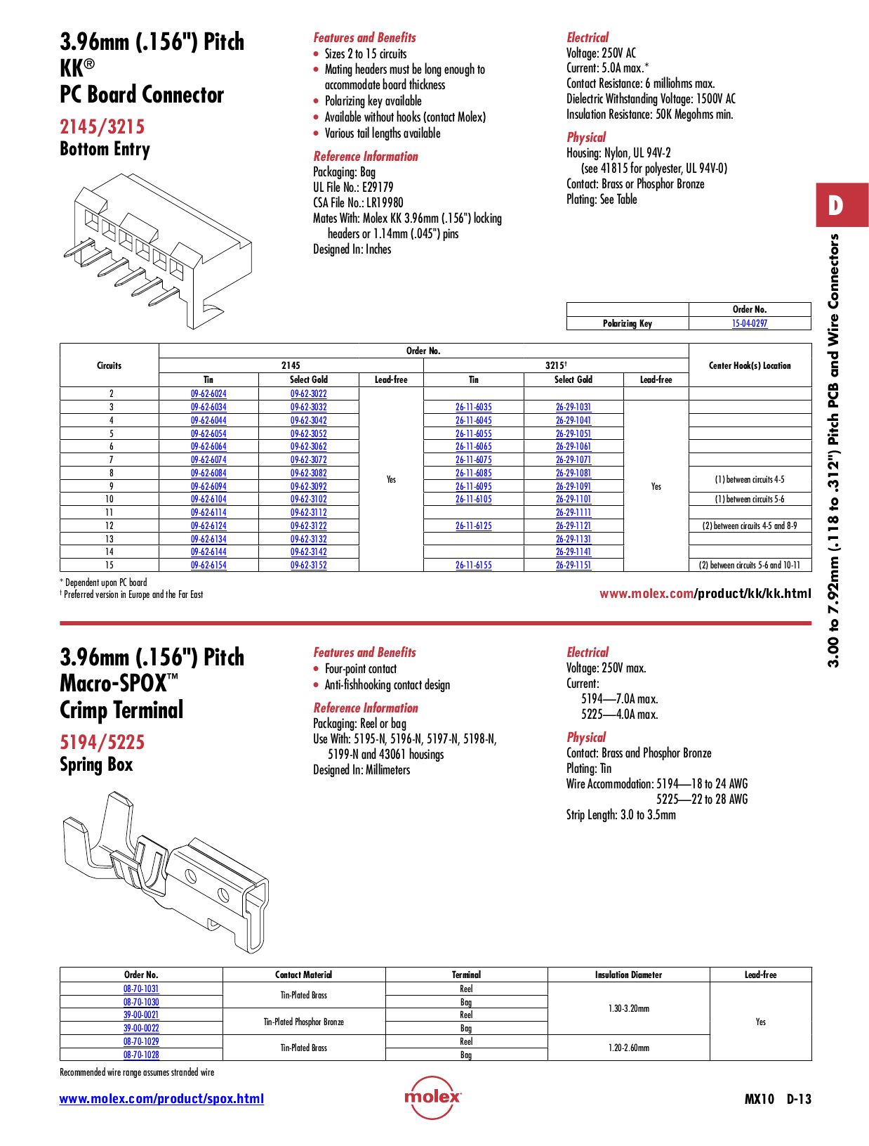 Molex MX10 Catalog Section D PCB and Wire Connectors 3.00 to 7.92mm ...