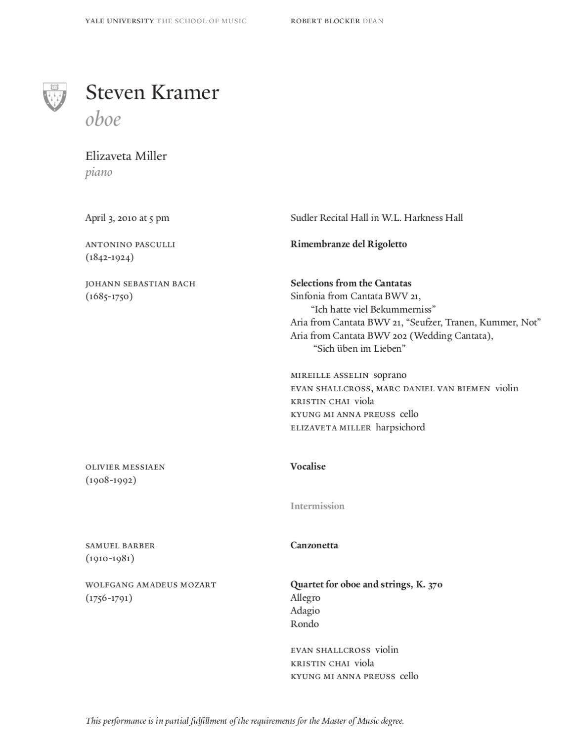 Steven Kramer, oboe by Yale School of Music - Issuu