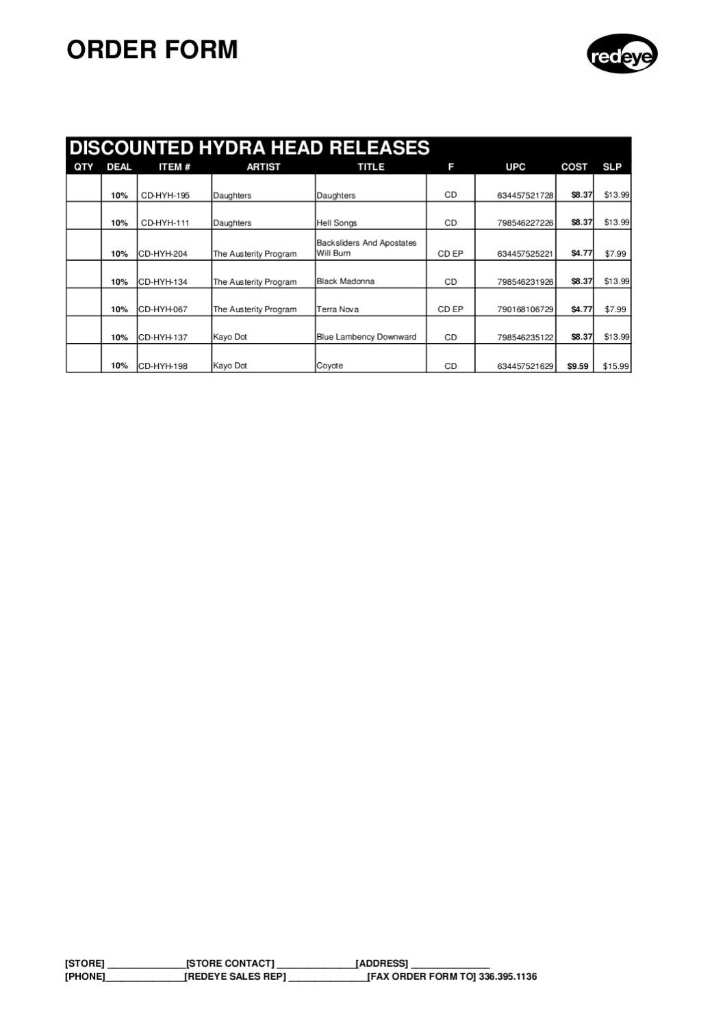 Hydra Head Order Form by Redeye - Issuu