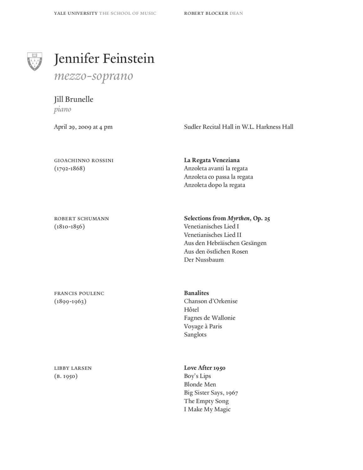 Jennifer Feinstein, mezzo-soprano by Yale School of Music - Issuu