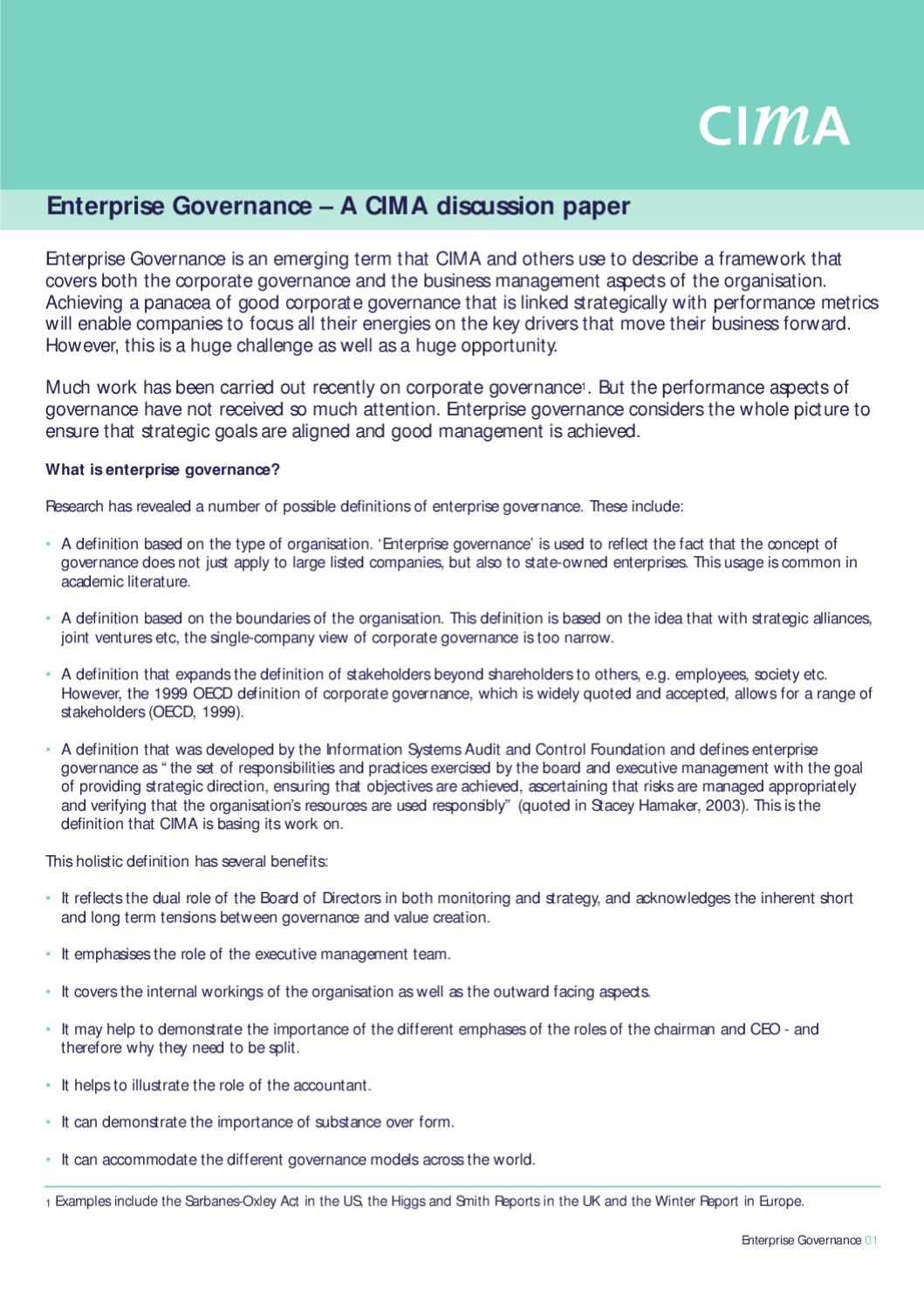 Enterprise governance – a CIMA discussion paper by Chartered Institute ...