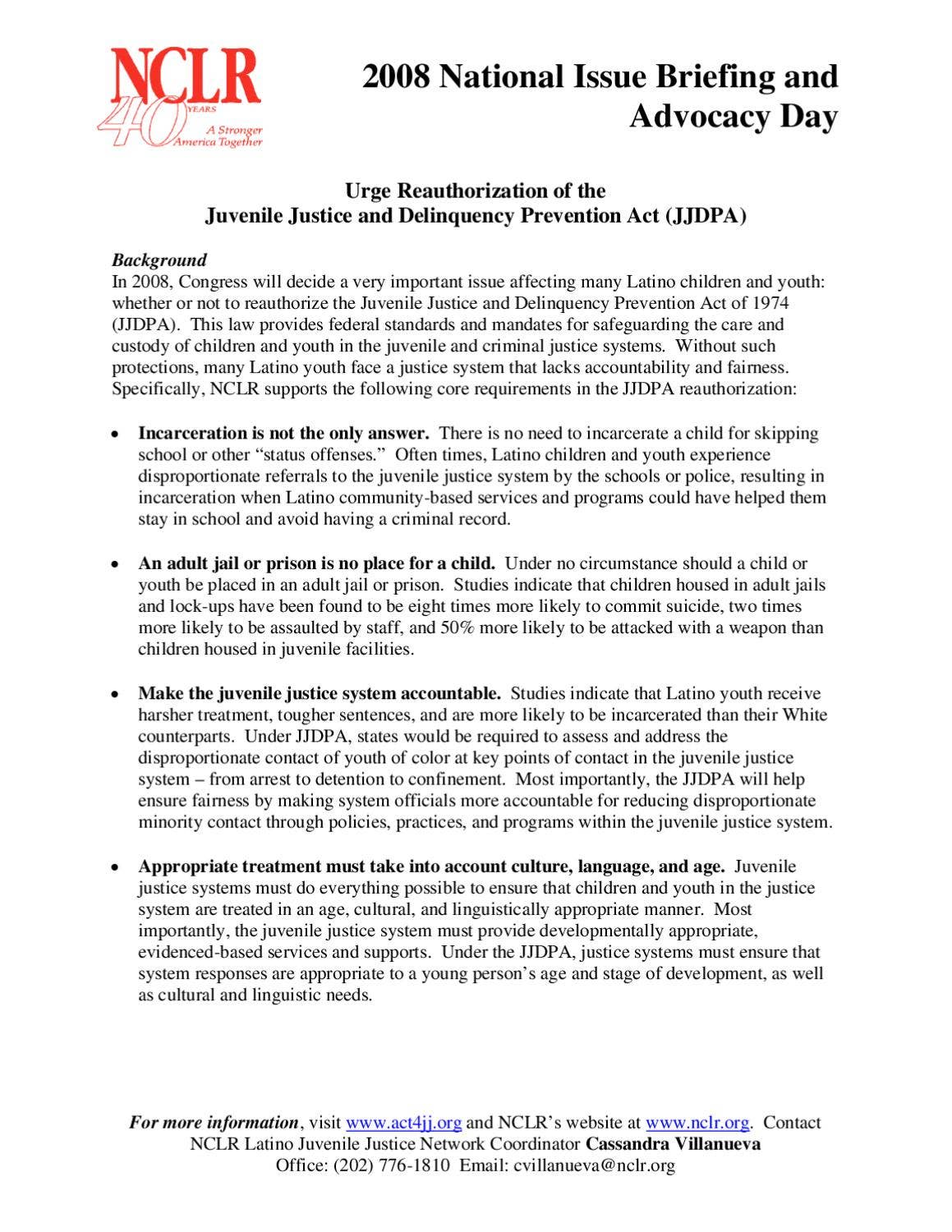 Urge Reauthorization of the Juvenile Justice and Delinquency Prevention ...