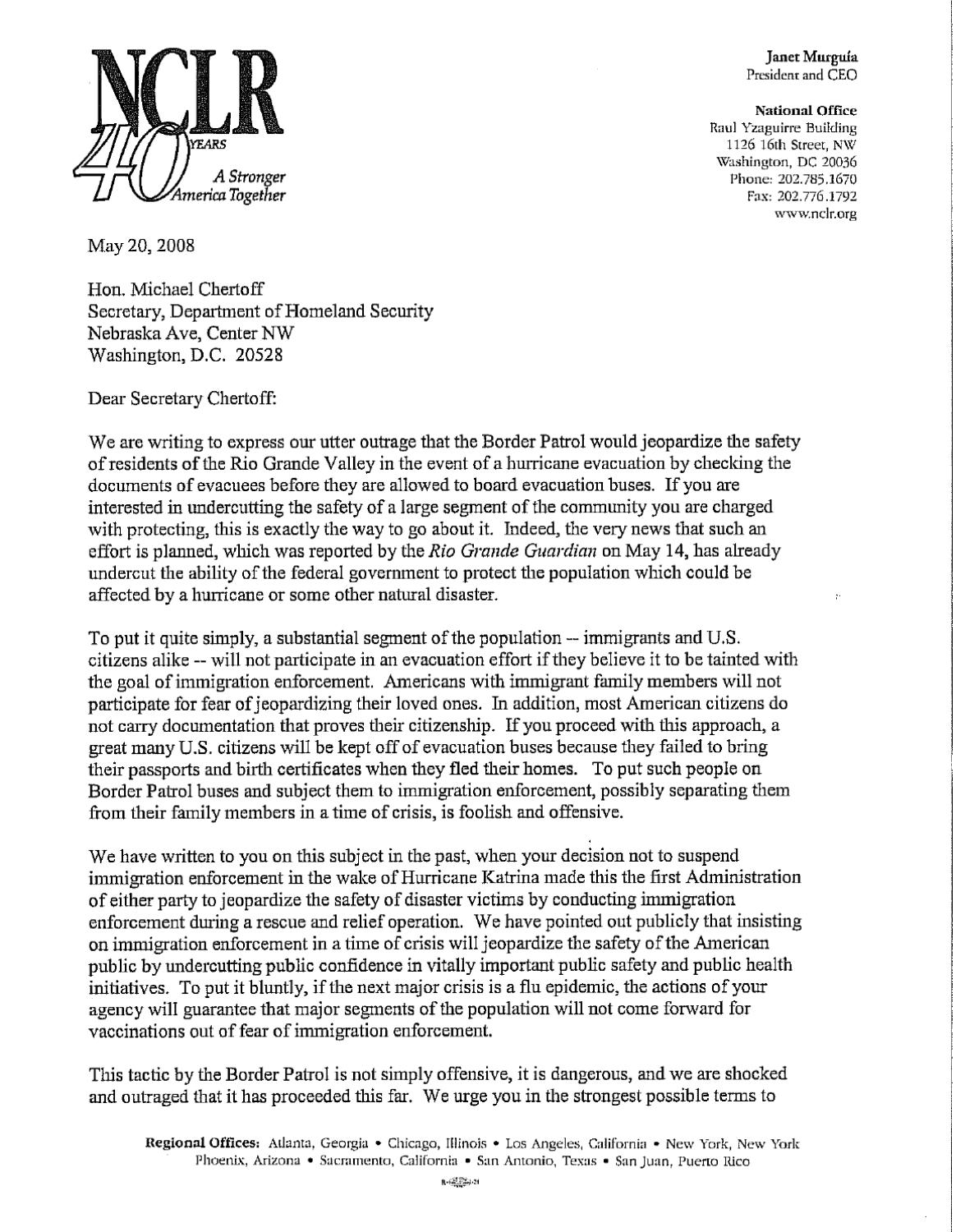 Chertoff Letter Regarding Hurricane Evacuations by UnidosUS - Issuu