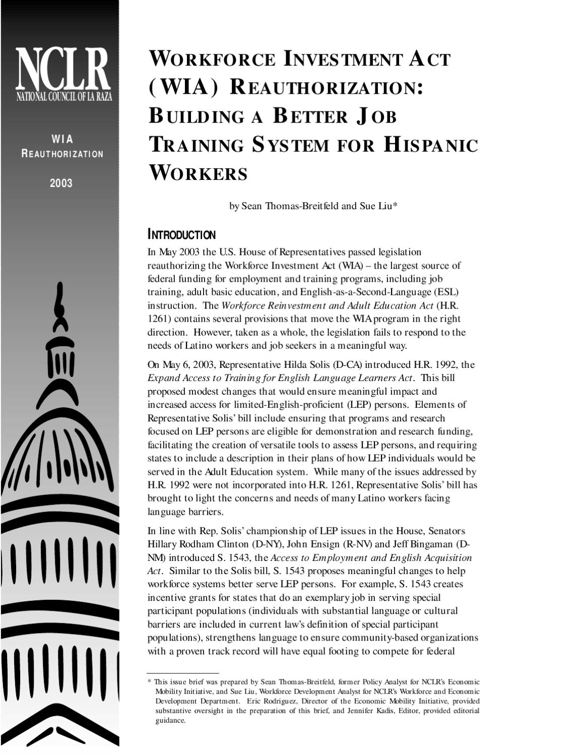 Workforce Investment Act (WIA) Reauthorization: Building a Better Job ...