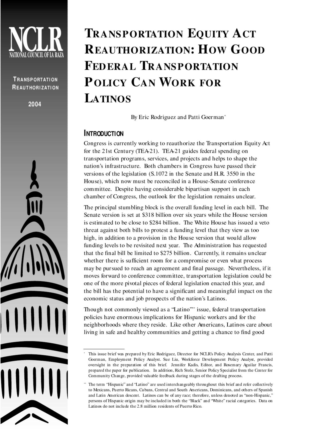 Transportation Equity Act Reauthorization: How Good Federal ...