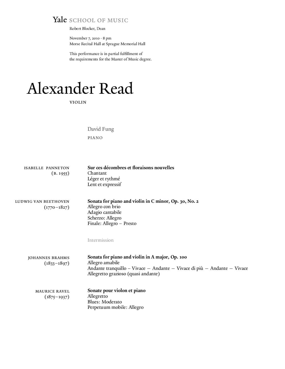 Alexander Read. violin by Yale School of Music - Issuu