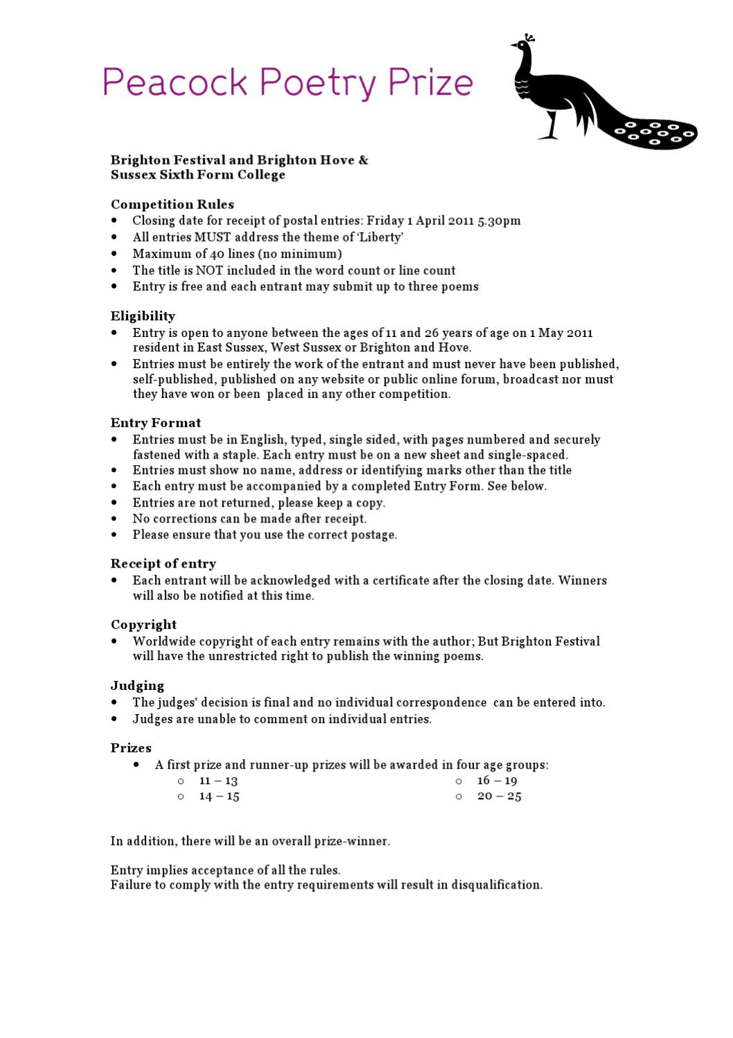 Peacock Poetry Prize 2011 - Entry Form by Brighton Dome & Brighton ...
