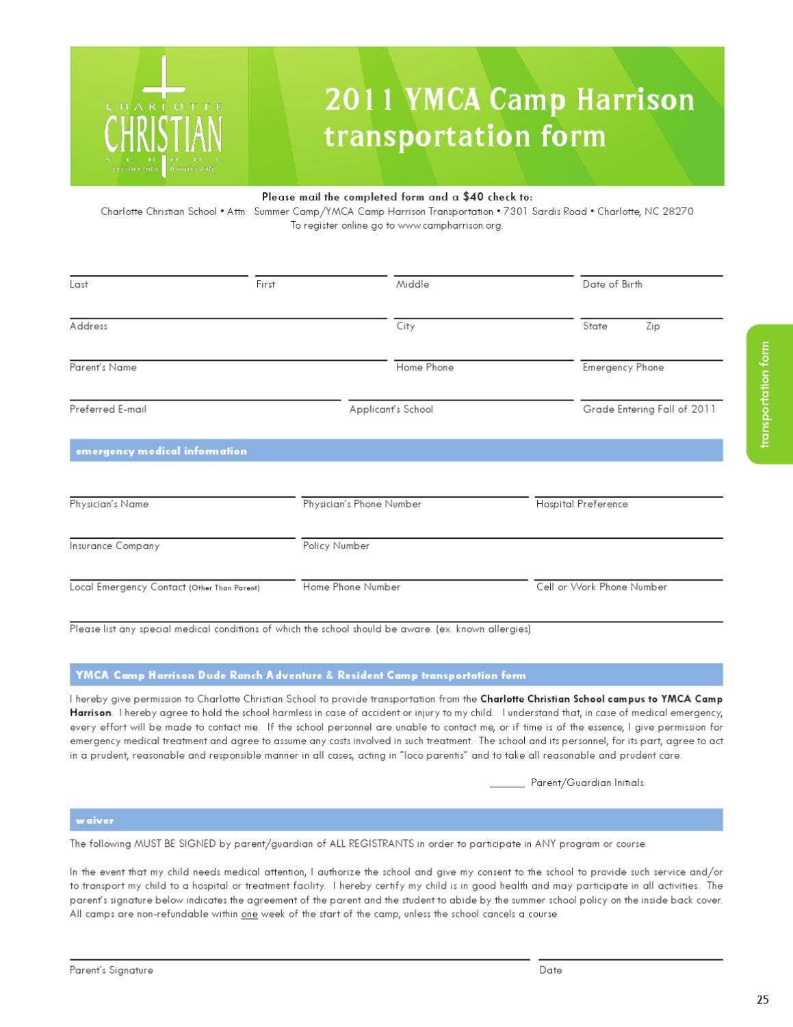 YMCA Camp Harrison Transportation Form by Charlotte Christian School ...