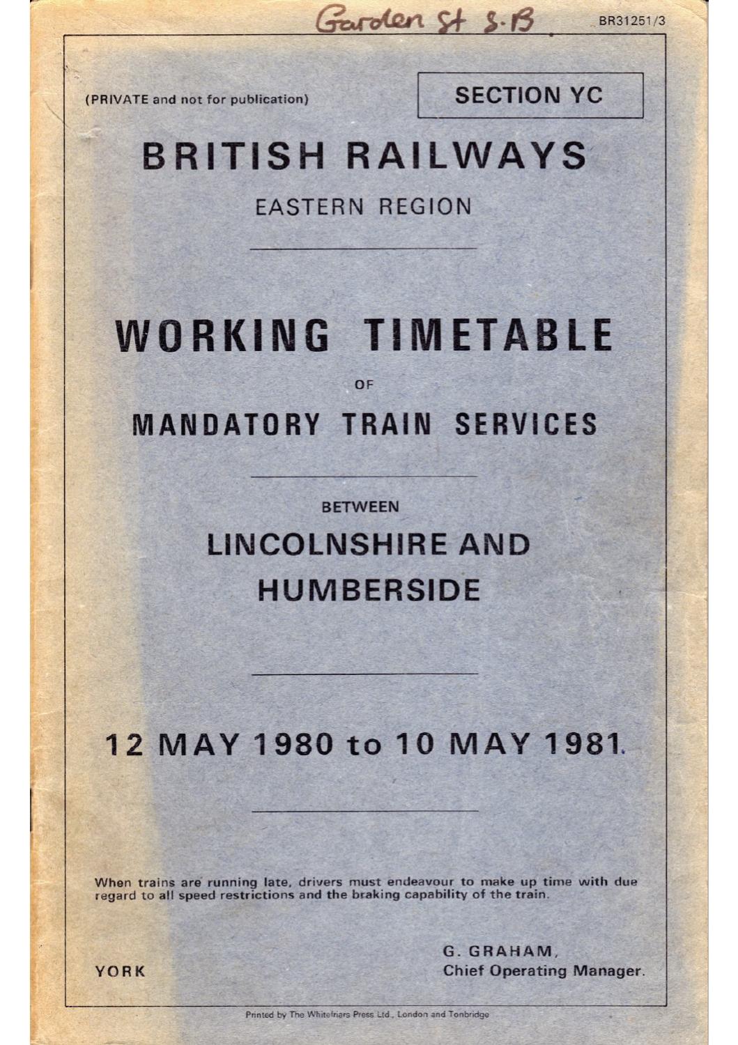 BR Eastern Region Working Timetable Lincs and Humber 1980 by John ...