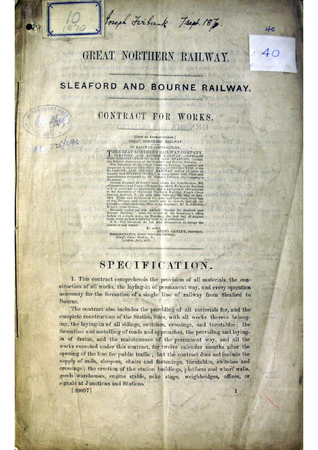GNR - Sleaford and Bourne Railway - Contract for Works by John ...