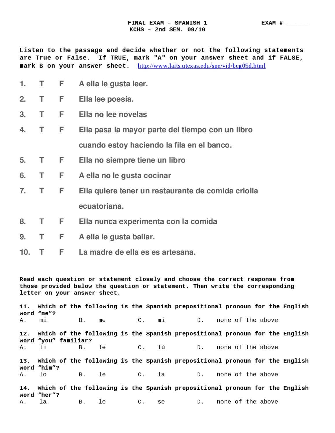 SPANISH 1 FINAL EXAM SECOND SEMESTER PART 1 0910 by J Kubaszyk - Issuu