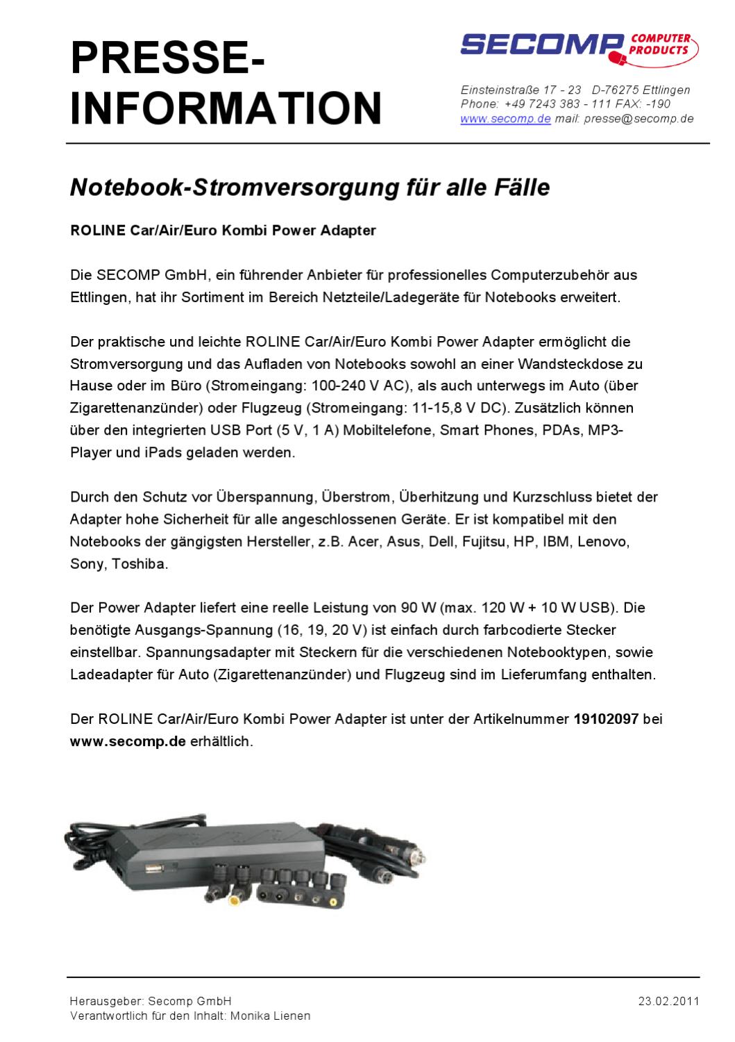 Notebook-Stromversorgung für alle Fälle - ROLINE Car/Air/Euro Kombi ...