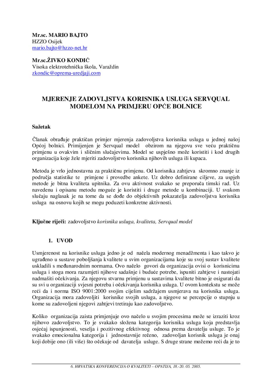 MJERENJE ZADOVLJSTVA KORISNIKA USLUGA SERVQUALM ODELOM NA PRIMJERU OPĆE BOLNICE by kvaliteta.net ...