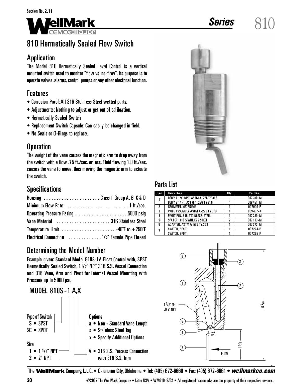 810 Flow Switch Specification, Order Code & Parts Manual by RMC Process ...
