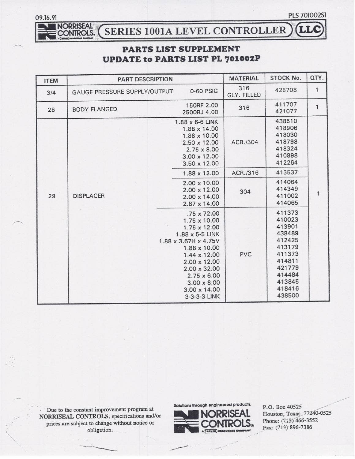 1001~1001A~1001XL LLC Displacer & Displacer Arms Options by RMC Process ...