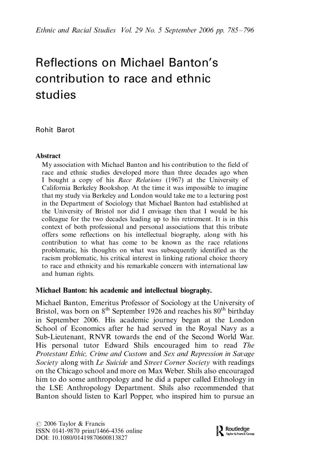 Michael Banton's Contribution to Ethnic Relations Study by Rohit Barot ...