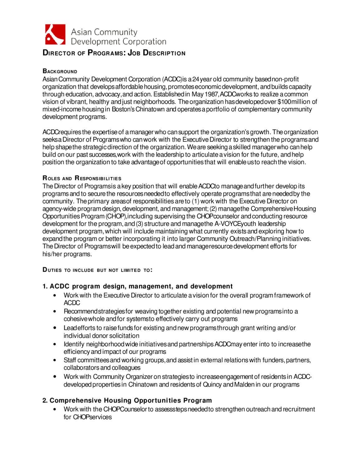 Director of Programs Job Description by Asian Community Development ...