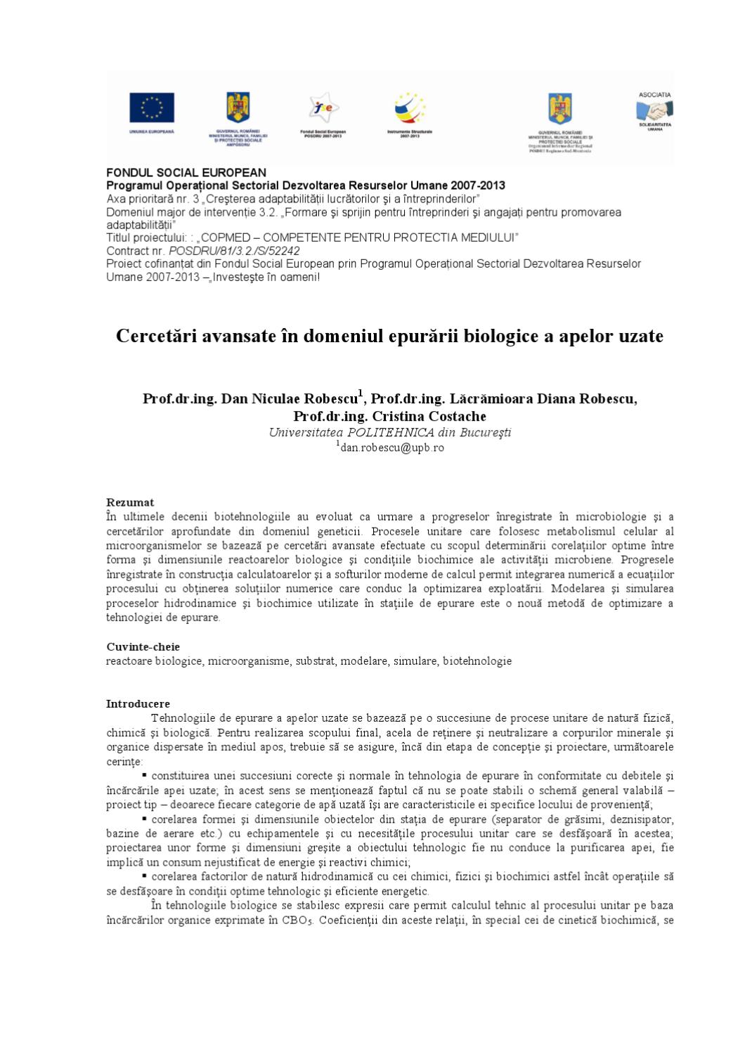 Cercetari avansate in domeniul epurarii biologice a apelor uzate by ...