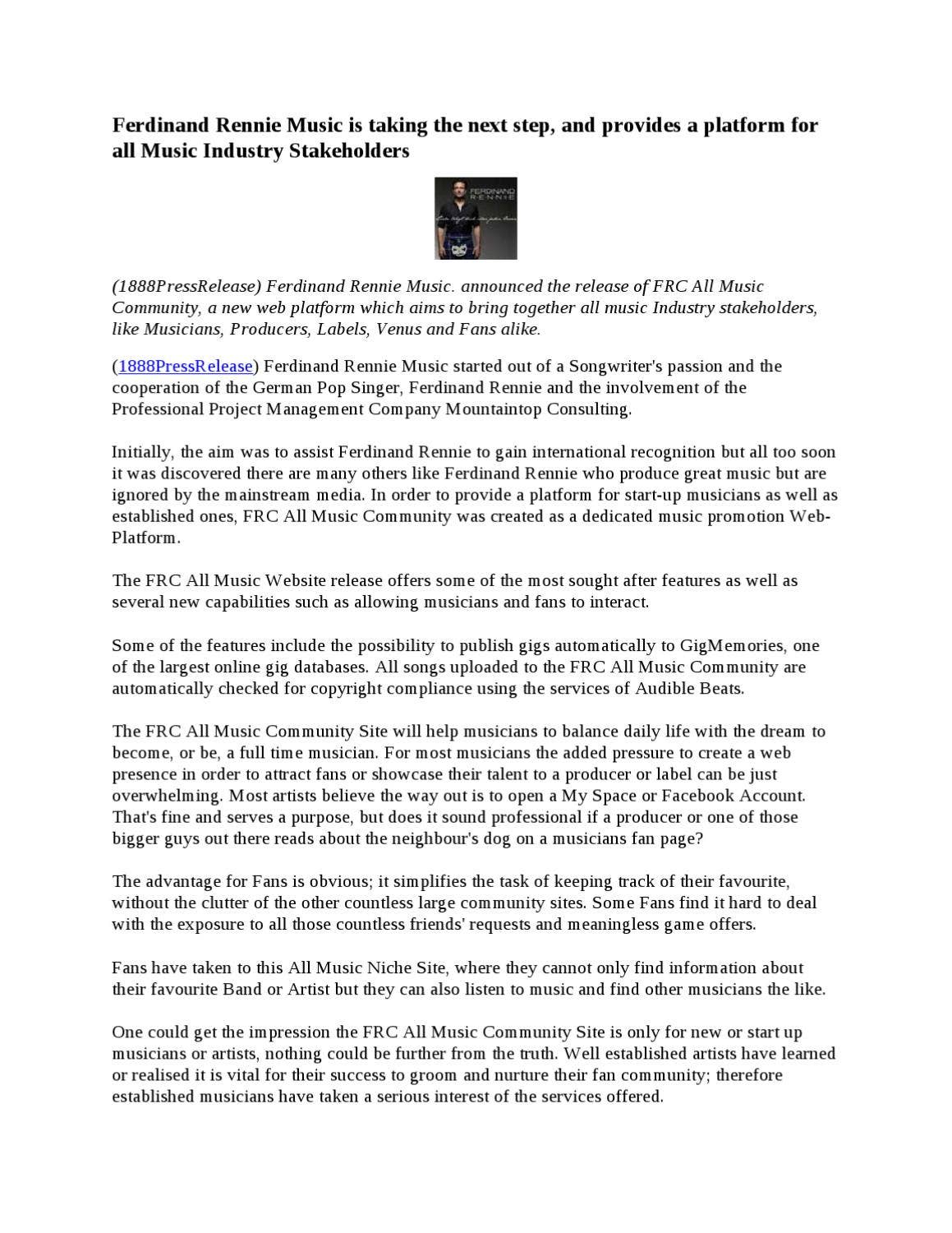 Ferdinand Rennie Music is taking the next step, and provides a platform ...