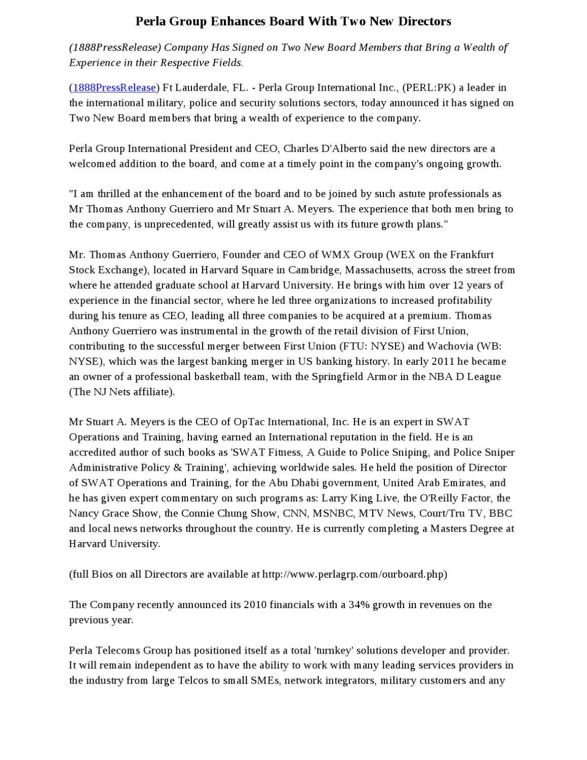 Perla Group Enhances Board With Two New Directors by donald hood - Issuu