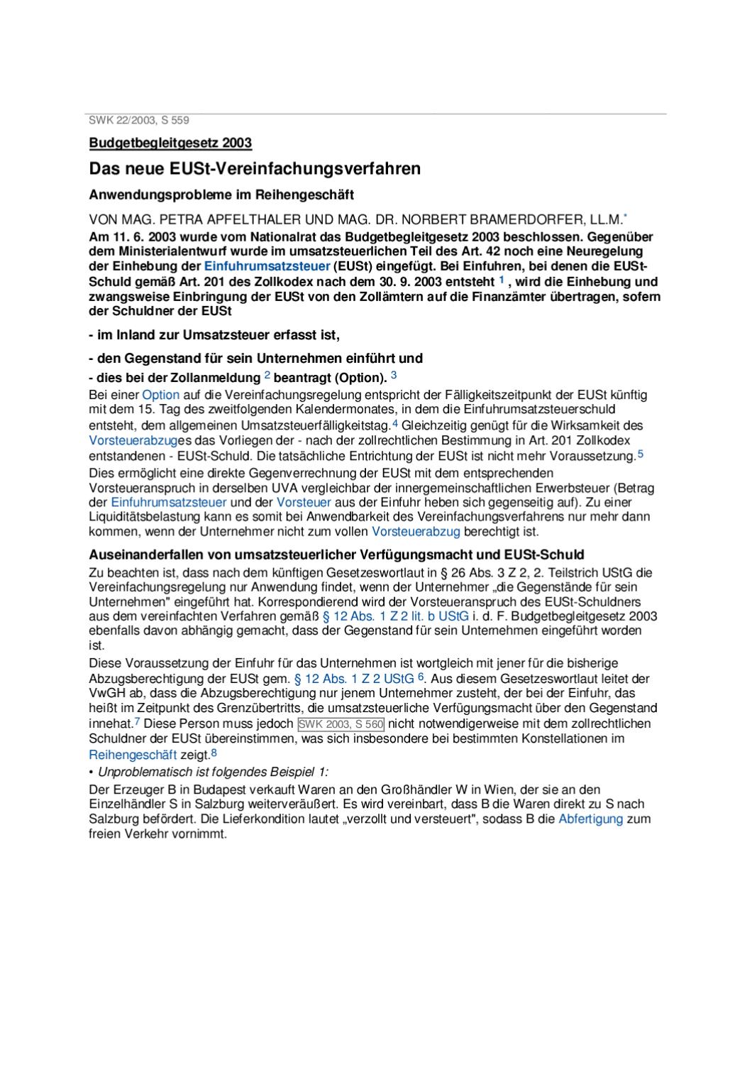 Das neue EUSt-Vereinfachungsverfahren by Norbert Bramerdorfer - Issuu