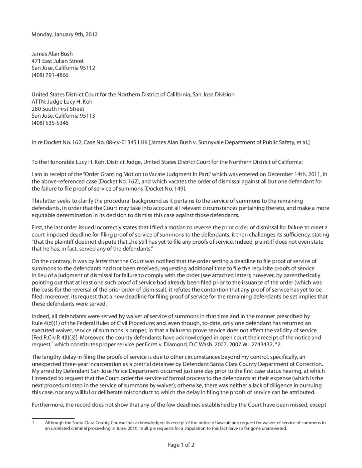 Letter To Judge Koh Re Order Of Dismissal Error By James Bush Issuu