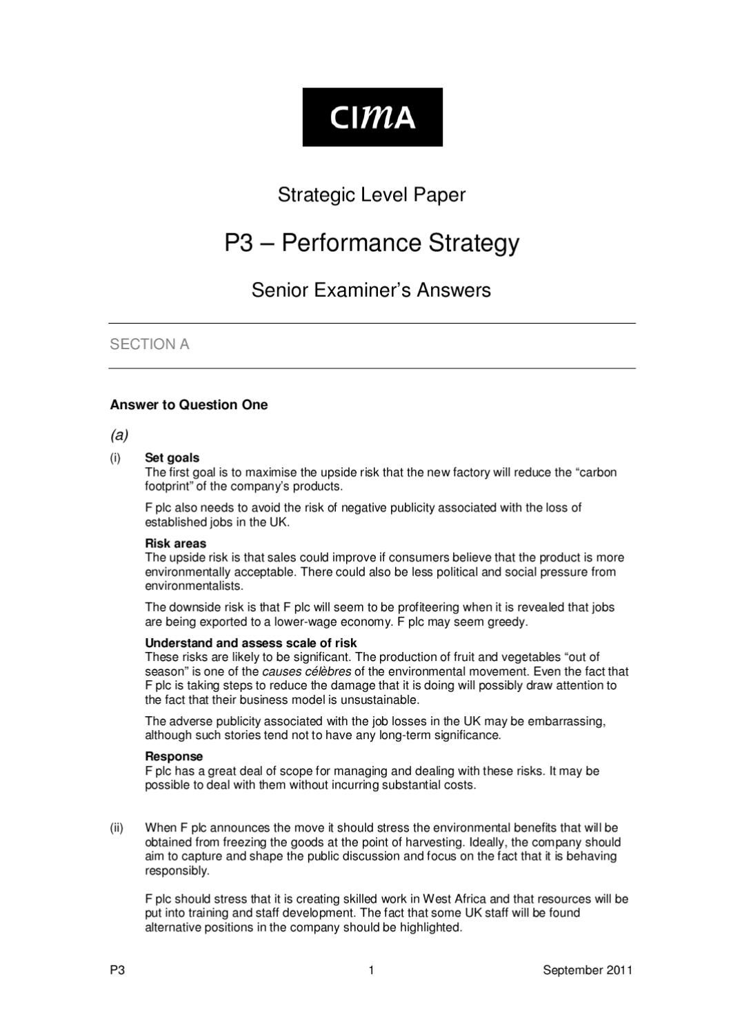 P3 – Performance Strategy Senior Examiner’s Answers Sept 2011 by ...
