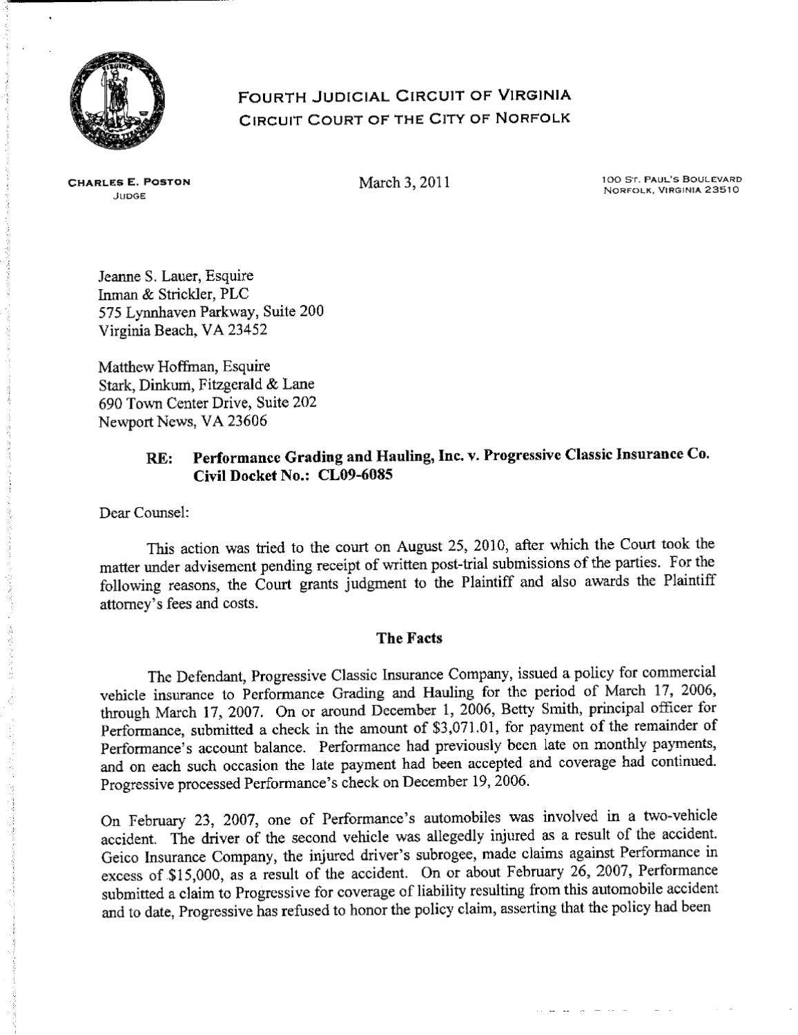 Preformance Grading and Hauling v Progressive Classic Insurance by ...