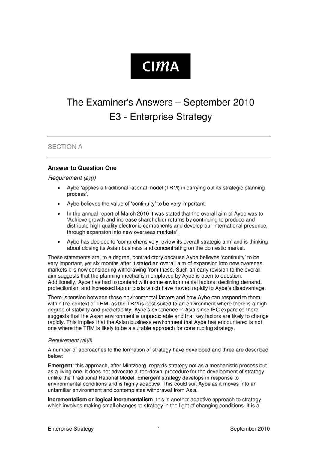 E3 – enterprise strategy - the examiner's answers - September 2010 by ...