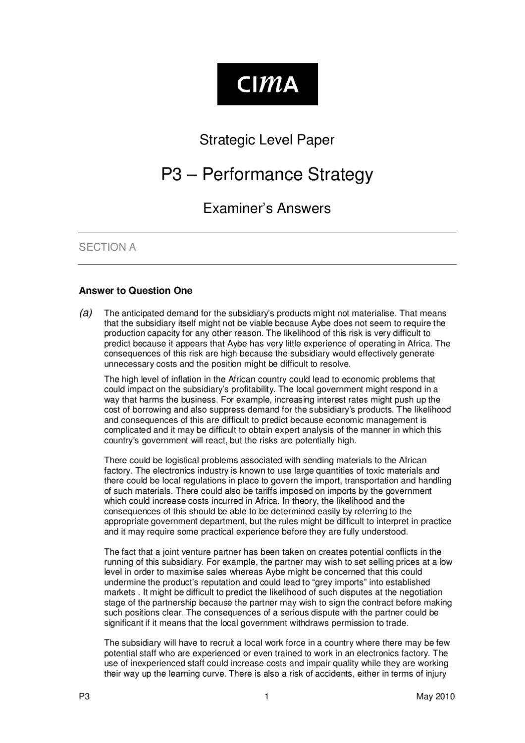 P3 – performance strategy - senior examiner’s answers - May 2010 by ...