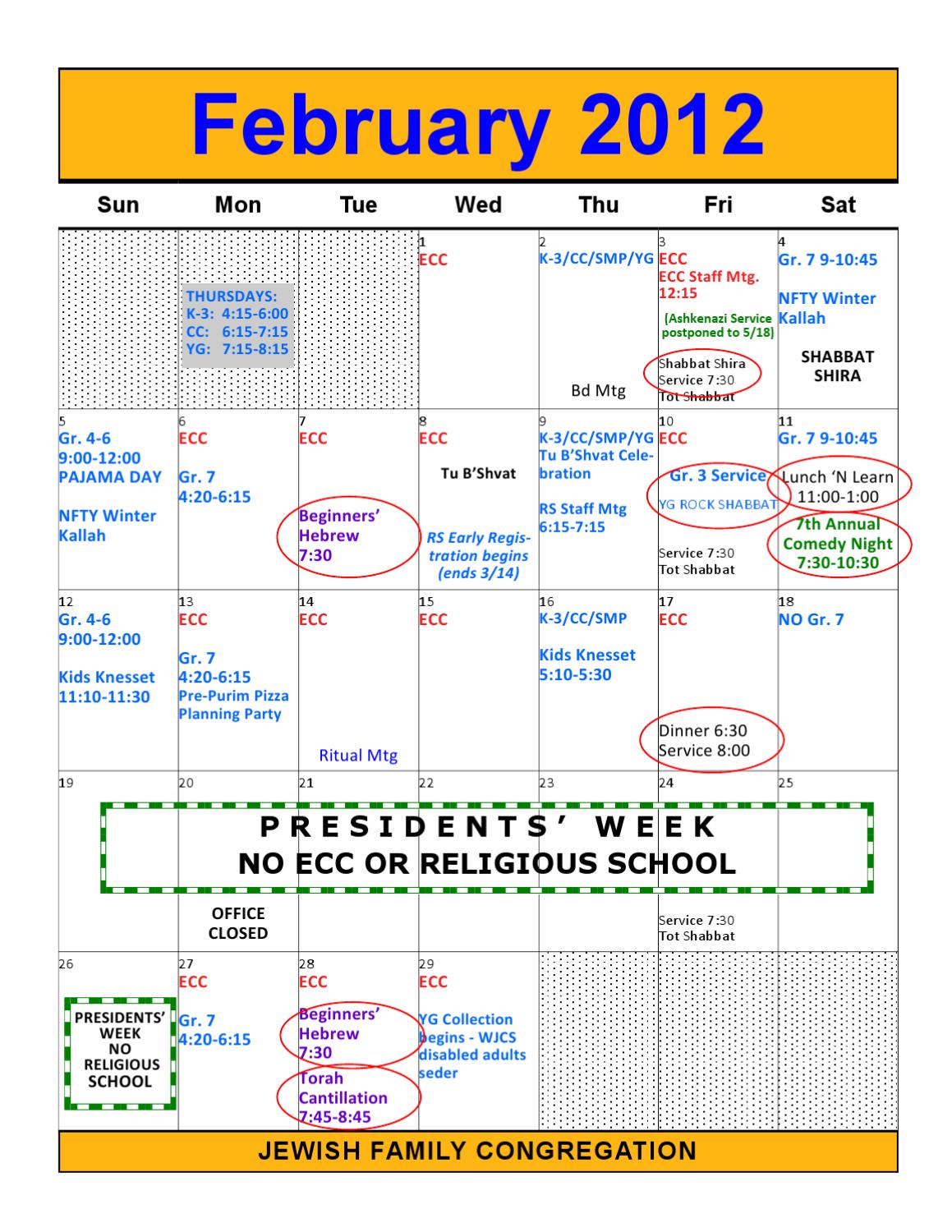 Jewish Family Congregation Calendar of events for February 2012 by Otir ...