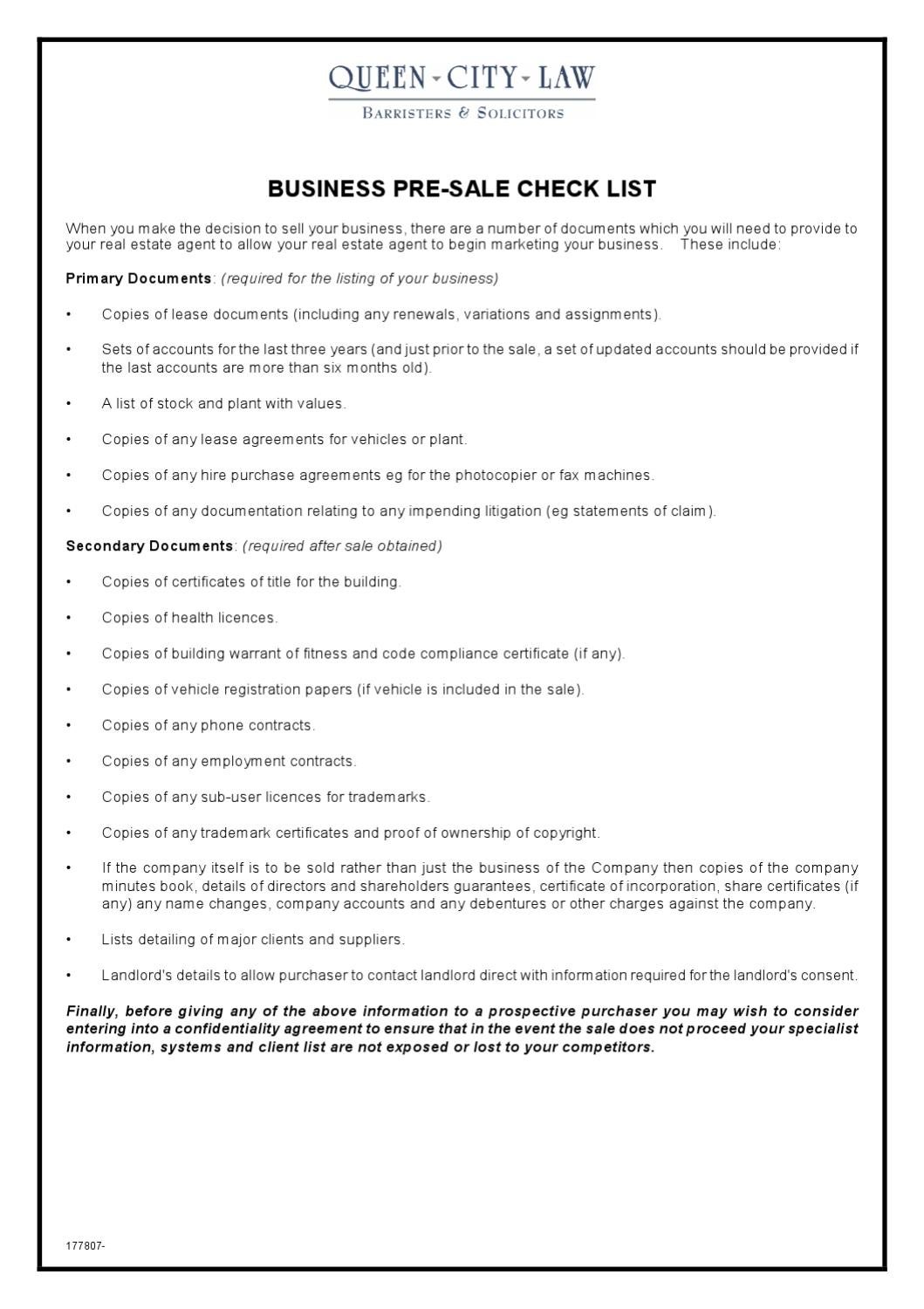 BUSINESS PRE-SALE CHECK LIST - 177807_1 by Queen City Law - Issuu