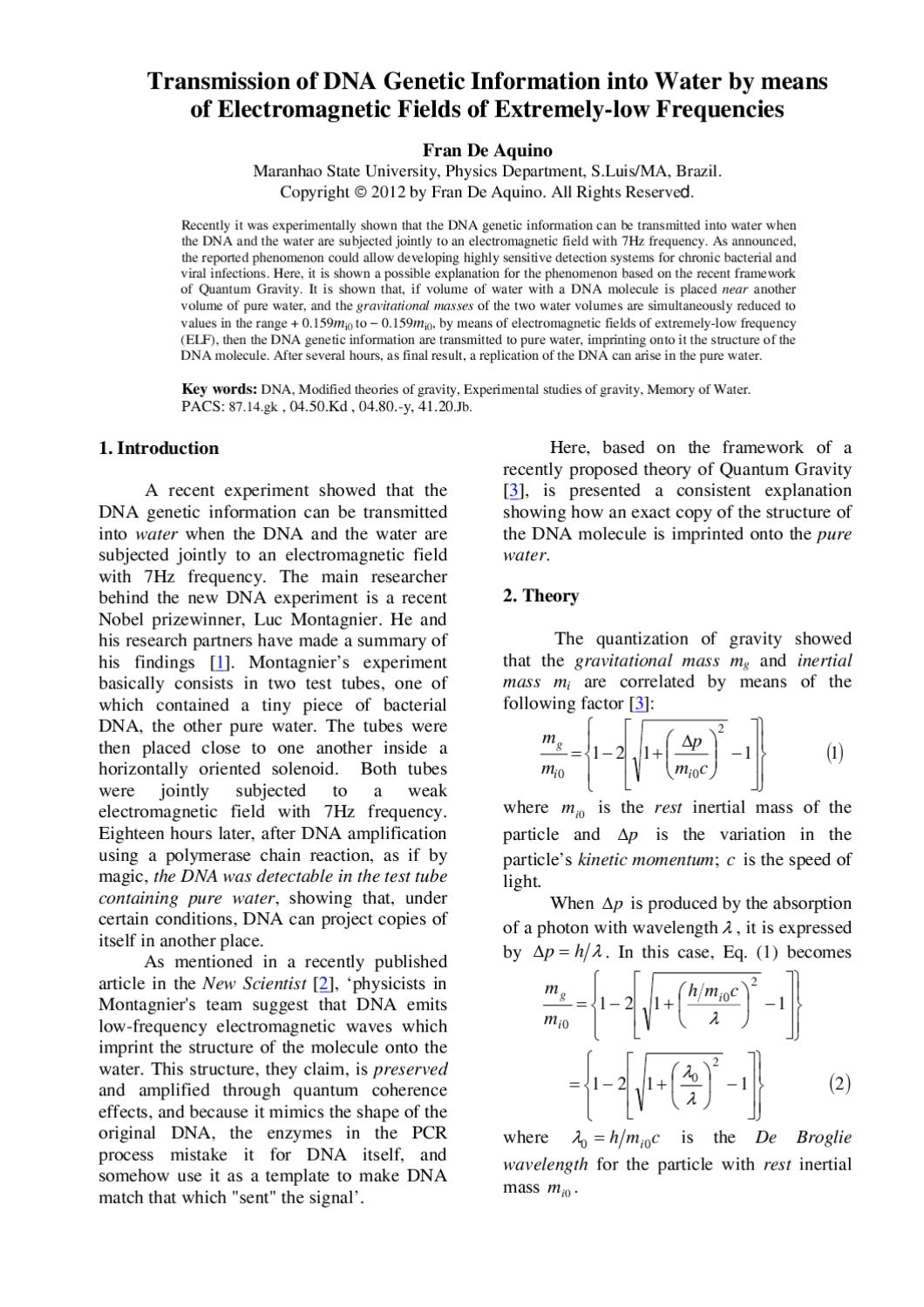 Transmission of DNA Genetic Information into Water by means of ELF ...