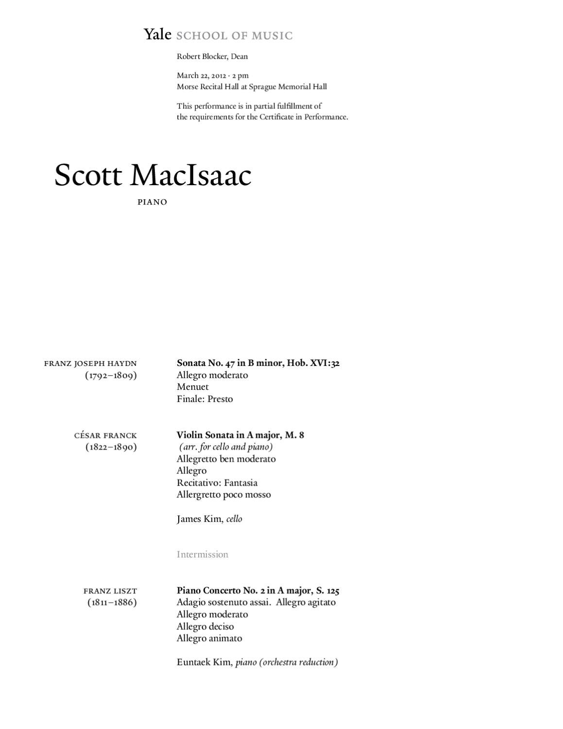 Scott MacIsaac, piano by Yale School of Music - Issuu