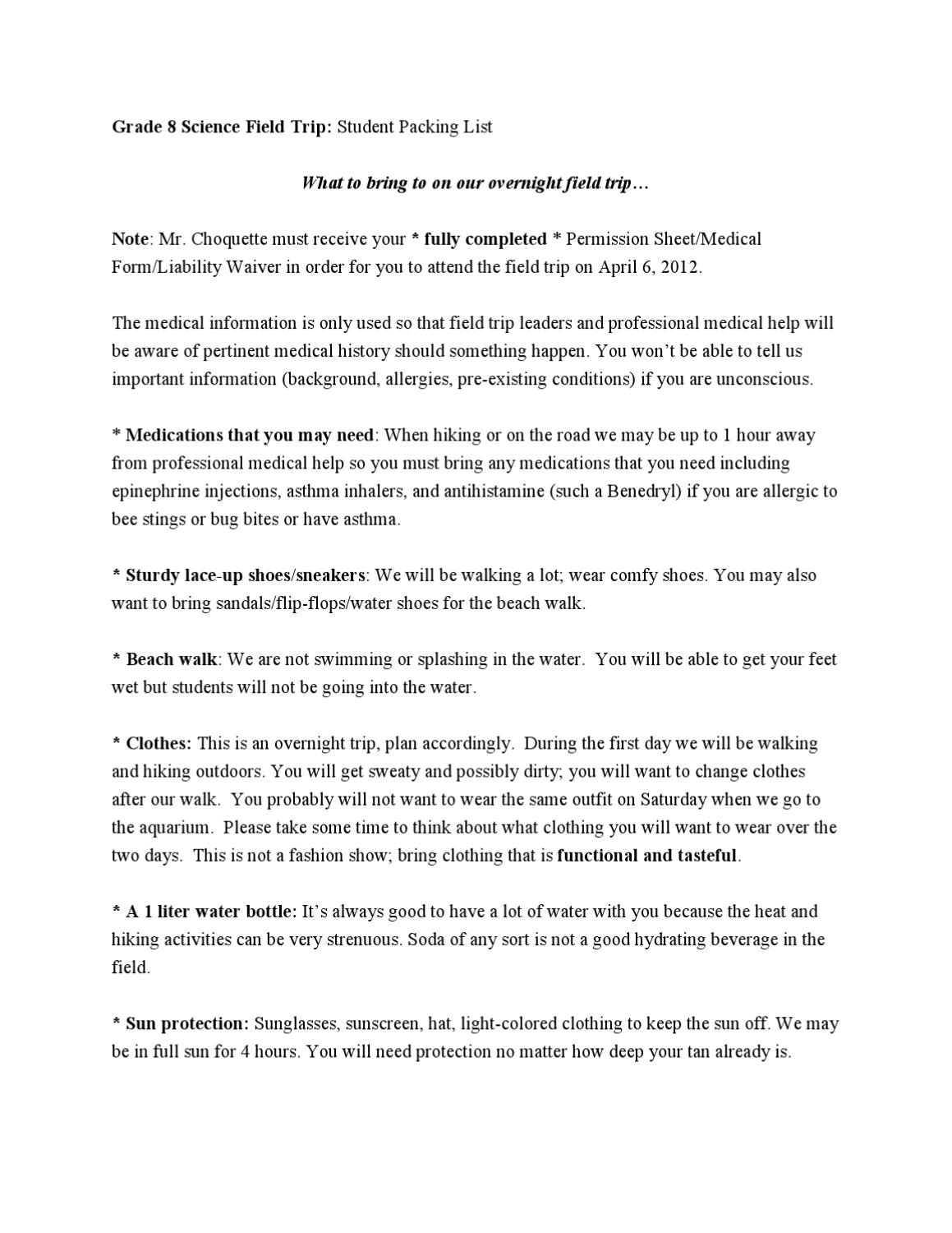 8th Grade Trip Packing List by Christian Choquette - Issuu