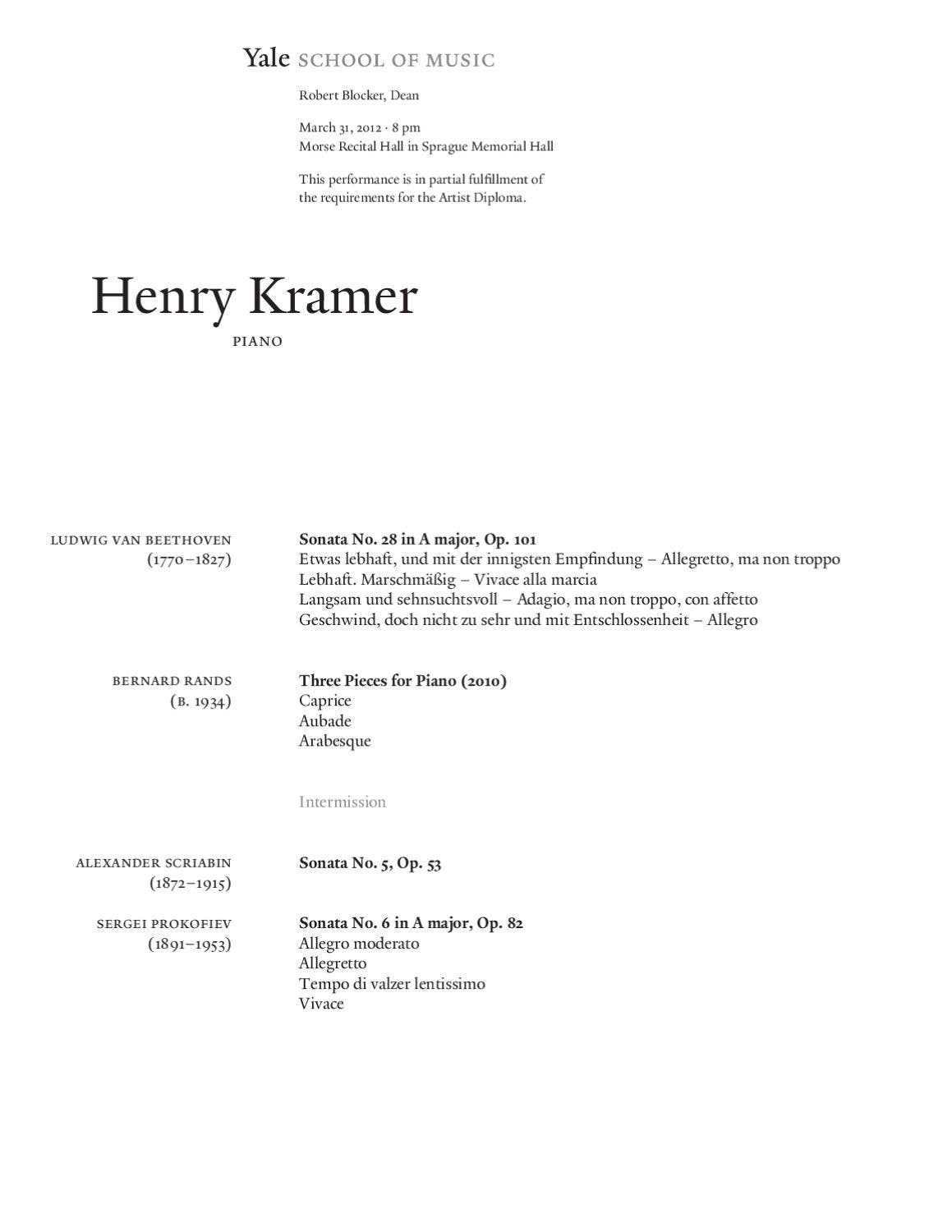 Henry Kramer, piano by Yale School of Music - Issuu
