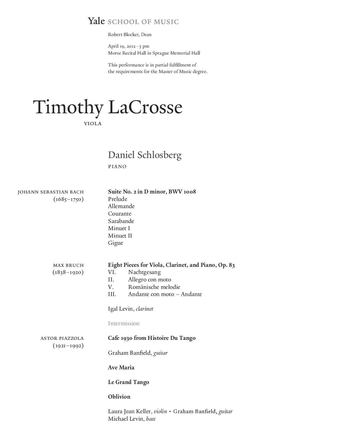 Timothy LaCrosse, viola by Yale School of Music - Issuu