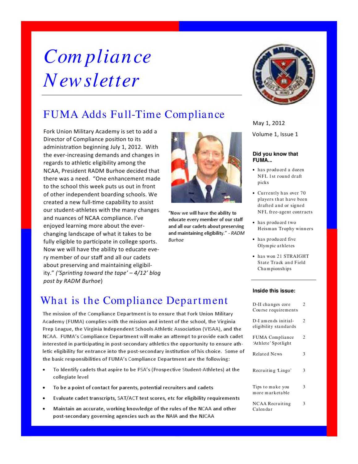 Compliance Newsletter May 2012 by Fork Union Military Academy - Issuu