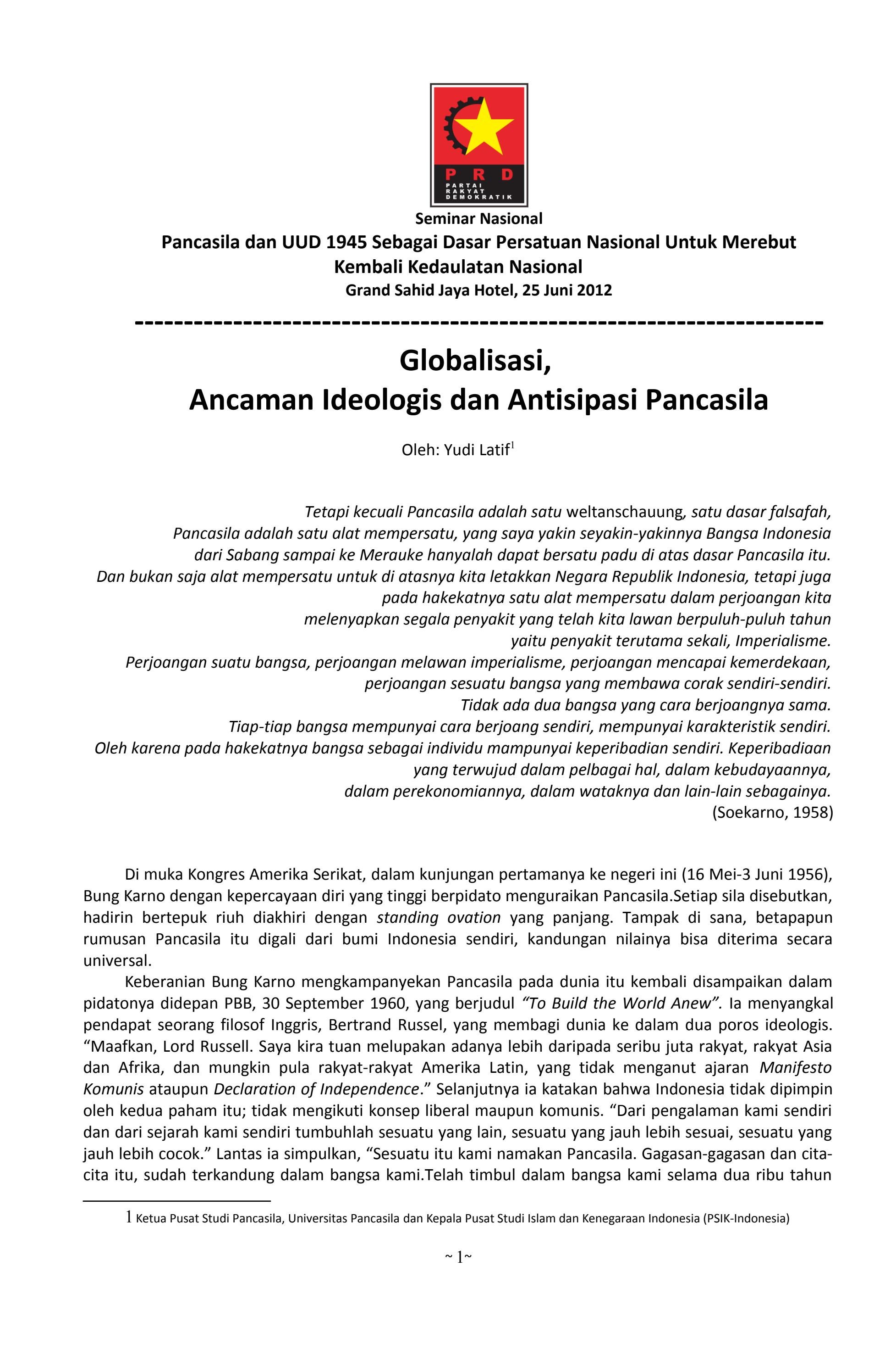 Globalisasi, Ancaman Ideologis dan Antisipasi Pancasila by Partai ...