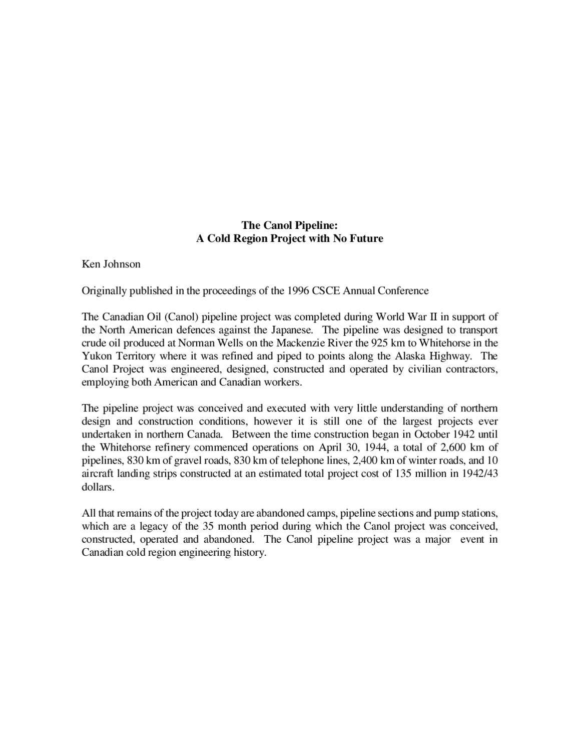 The Canol Pipeline: A Cold Region Project with No Future by Kenneth ...