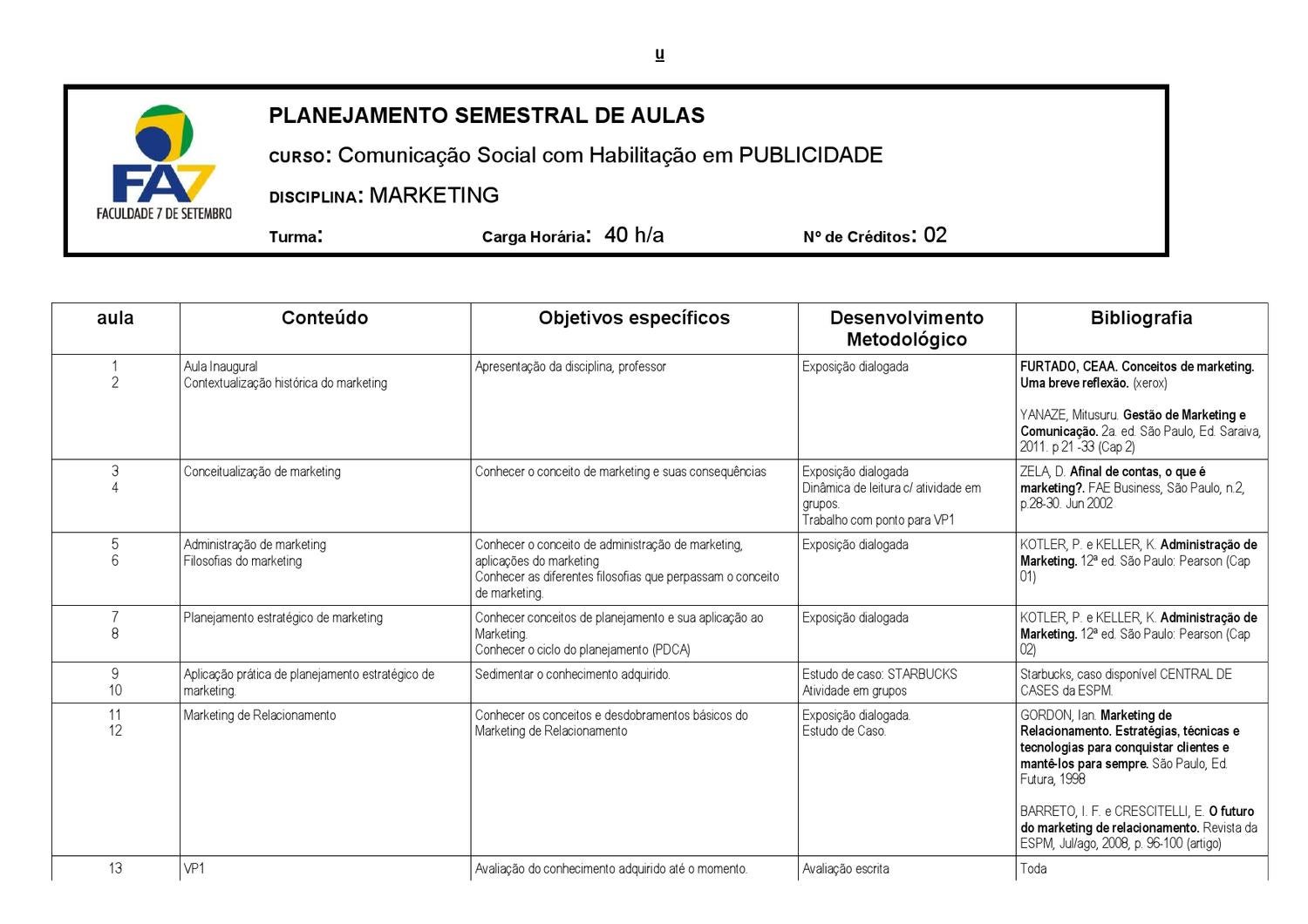 Plano Semestral De Aulas Marketing Fa7 By Eugênio Furtado Issuu