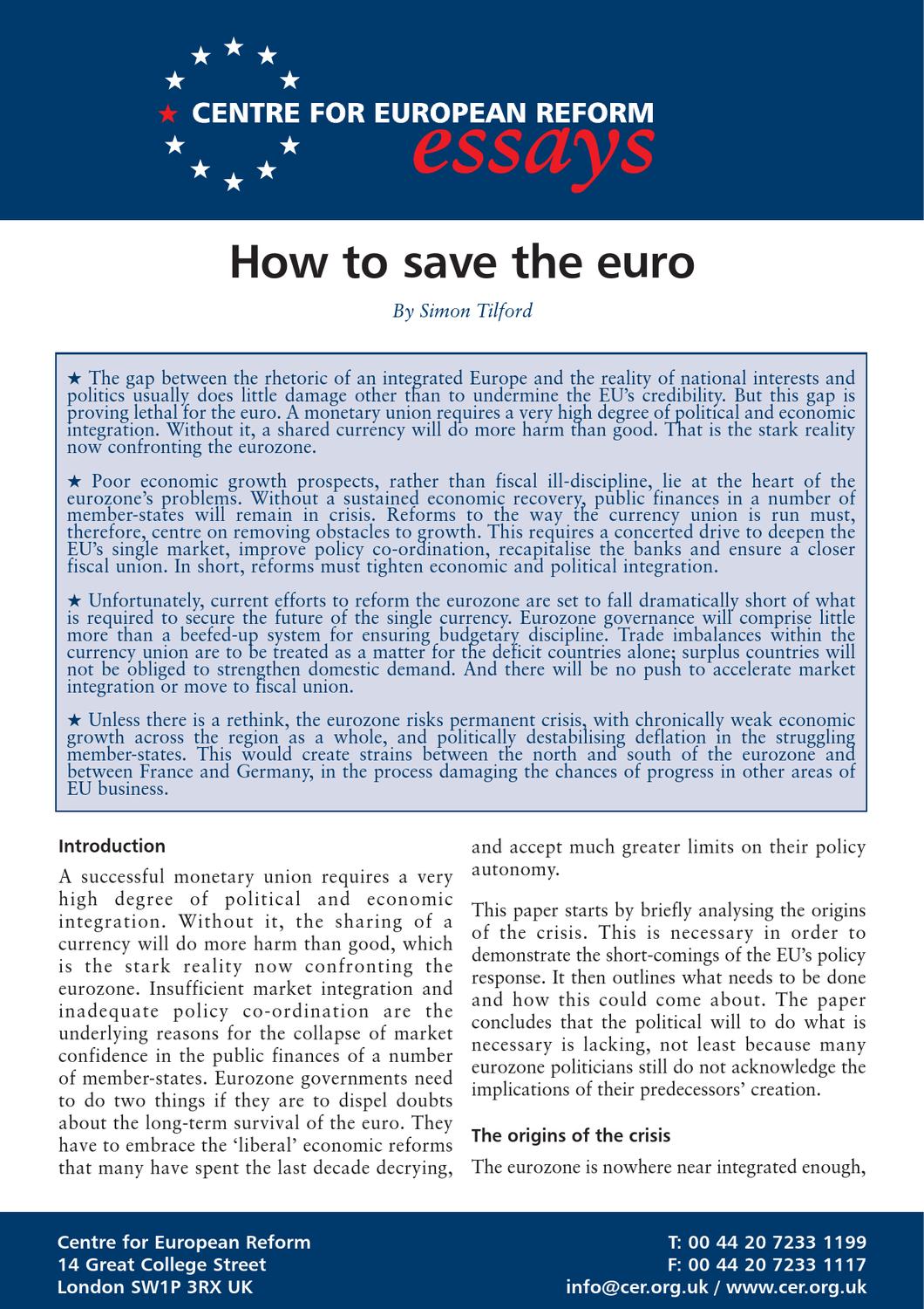 How to save the euro by Centre for European Reform - Issuu