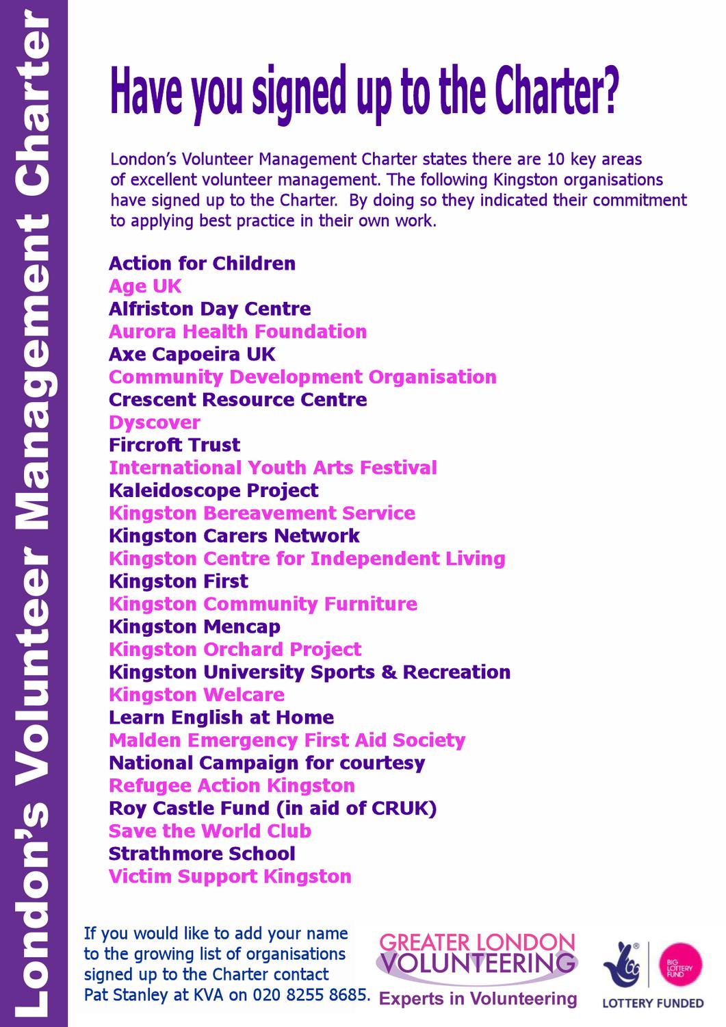 Volunteer Management Charter Signatories by Kingston Voluntary Action ...