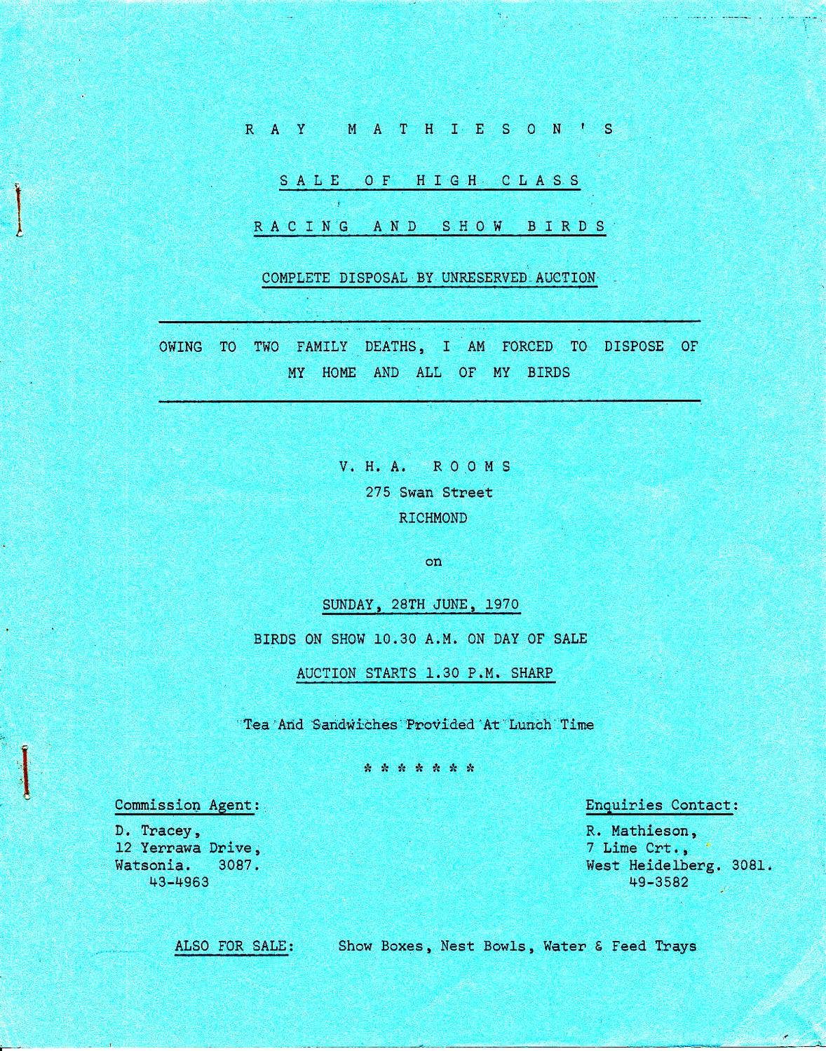 Ray Mathieson 28th June 1970 by Australian Pigeon Catalogues - Issuu