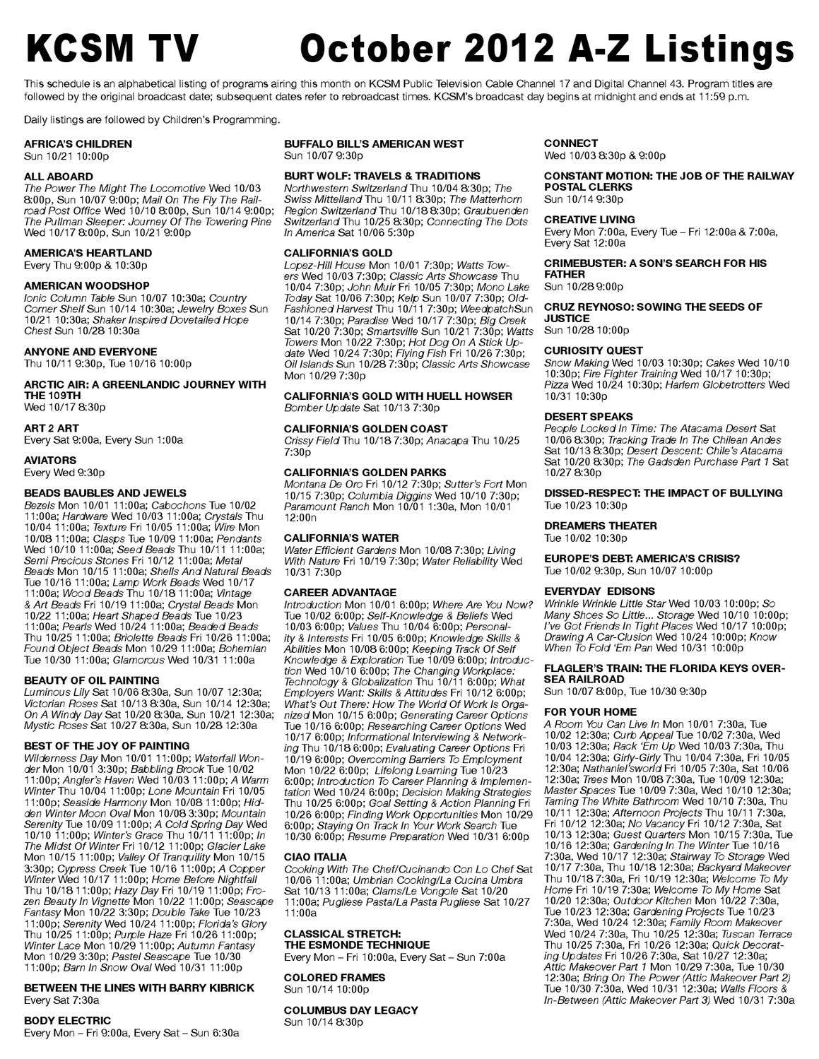 October 2012 A-Z KCSM TV Listings by KCSM-FM Jazz 91 - Issuu