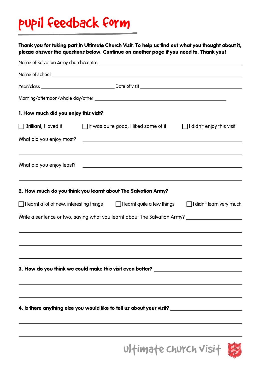 Ultimate Church Visit pupil feedback form by The Salvation Army UK and ...